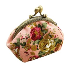 coin purse,lady vintage floral mini wallet clasp closure classic rose pattern clutch bag (pink)