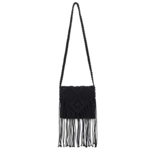 qtkj women's crochet square crossbody bag hand-woven boho tassels summer beach cotton messenger shoulder bag with zipper (black)