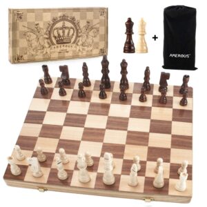 amerous 15" x 15" magnetic wooden chess set, folding travel chess board with 2 extra queens / pieces storage slots / carry bag , handmade large wooden board game for kids and adults