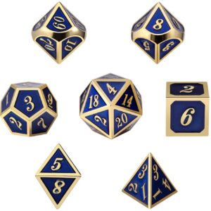 set of 7 metal dice set with storage box - royal blue with gold numbers - includes d4, d6, d8, d10, d12, d20 and d% by sciencepurchase