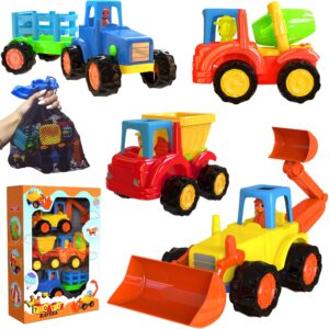 friction powered cars push and go construction vehicles toy set of 4 cartoon bulldozer, tractor, cement mixer, dump truck - w/bonus mesh bag toddler/baby-friendly for boys and girls ages 1-5 kids gift