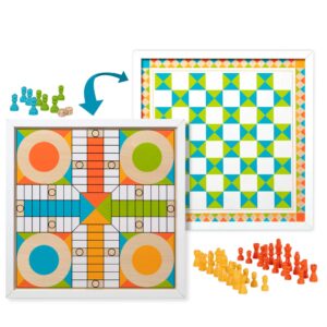 melissa & doug double-sided wooden chess & pachisi board game with 42 game pieces (17.5ââ‚¬ w x 17.5ââ‚¬ l x 1.5ââ‚¬ d)