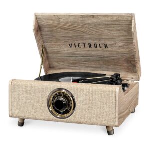 victrola highland 4-in-1 bluetooth record player (farmhouse oatmeal), 3-speed record player with speakers, fm radio & 3.5mm aux, wireless music streaming