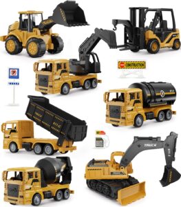 geyiie construction trucks toys, kids construction vehicles site, sandbox toys playset for boys girls, pull back cars excavator tractor bulldozer gifts for party favor