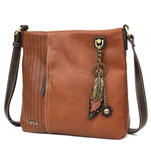 chala laser cut crossbody faux leather - metal feather - brown