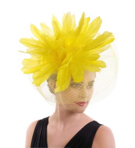 lucky leaf girl lady hat headwear organza church feather clip fascinators hat wedding party kentucky derby cap for women (large feather yellow), medium