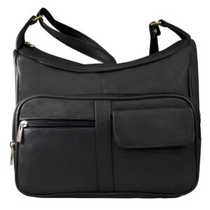 silverfever medium leather handbag | ladies shoulder bag | organizer w built in wallet (black cowhide)