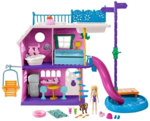 polly pocket lil’ lake house with 2 stories, slides, lake accessories, living accessories, 3-inch polly doll & her dog peaches; for ages 4 and up [amazon exclusive]