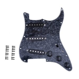 musiclily 11-hole sss prewired loaded pickguard with single coil pickups set for fender squier strat electric guitar, 4ply black pearl