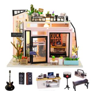 spilay diy miniature dollhouse kit with wooden furniture,diy dollhouse kit with dust proof and music movement,1:24 scale creative room for romantic valentine's gift(time studio)