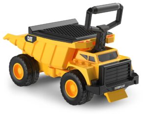 cat shovel and sift dump truck ride-on toy for kids and children ages 1-3 years old, featuring realistic job site sounds and removable sifter and shovel, yellow/black, by kid trax