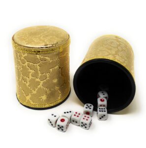 asian home thy collectibles dice cup with 5 dices, pu leather professional dice shaker cup set for yahtzee/craps/backgammon or other dice games golden, 2 pack