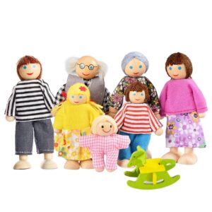 puckway lovely happy family dolls playset wooden figures set of 7 people with dog for kids children toddlers dollhouse pretend gift