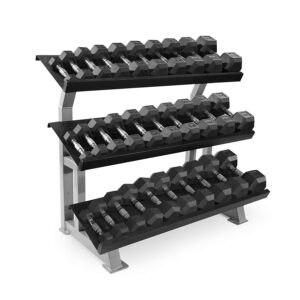 cap barbell rubber coated dumbbell set with storage rack (5-70 lb set with 3 tier stadium rack, hex)