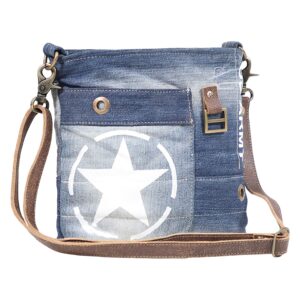 myra bag womens star denim upcycled canvas cotton & leather shoulder bag s-1627