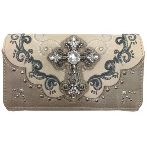 zelris western silver cross turquoise women crossbody wrist trifold wallet (beige)