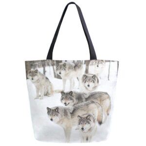 zzwwr 3d winter forest wolves print extra large canvas shoulder tote top storage handle bag for gym beach weekender travel shopping