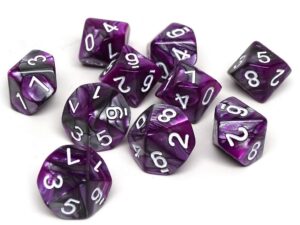 ten count purple and grey granite d10 collection - 10 count pack of matching numbered 10 sided dice - perfect for tabletop war games, rpgs, and educational use