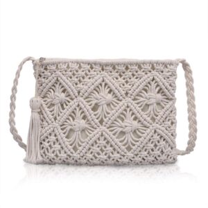 qtkj women's summer beach straw crochet clutch bag shoulder bag crossbody bag woven envelope tassel bag with zipper (white)