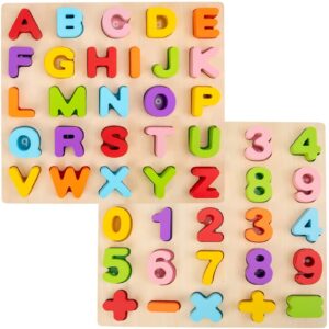 alphabet puzzle, wood city abc letter & number puzzles for toddlers 1 2 3 years old, preschool learning toys for kids, educational name puzzle present for boys and girls (2 pack)