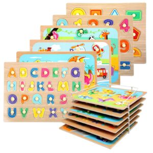 wooden peg puzzles for toddlers 2 3 years old, wood city alphabet & number puzzles for kids, 4 pcs toddler puzzles set - letters, numbers, animals and vehicles, learning toys gift for girls and boys