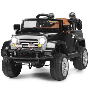 costzon ride on car, 12v battery powered car w/2 motors, parental remote control, open doors, lights, mp3, music, horn, spring suspension, high/low speed, electric ride on truck for kids (black)