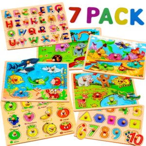 7 pack wooden puzzles for toddlers 2 3 4 5 years old - 7 colorful chunky wood peg puzzles for kids ages 2-5, alphabet shape numbers fruits sea animals dinosaur zoo - educational toddler learning toys