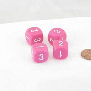 pink opaque dice with white numbers d3 (d6 1-3 twice) 16mm (5/8in) pack of 4 wondertrail