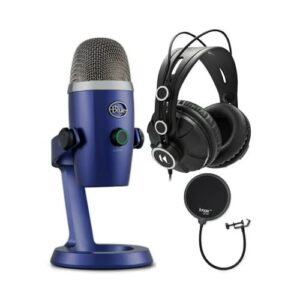 blue yeti nano usb microphone (vivid blue) with headphones and knox gear pop filter microphones