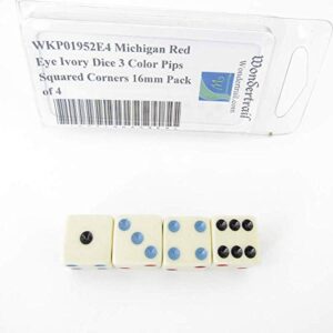 michigan red eye ivory dice with 3 color pips squared corners 16mm (5/8in) pack of 4 wondertrail