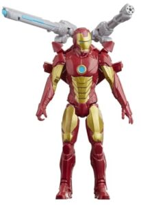 avengers marvel titan hero series blast gear iron man action figure, 12-inch toy, with launcher, 2 accessories and projectile, ages 4 and up, red