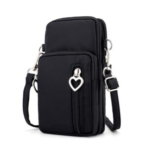 women nylon cell phone purse wallet pouch mini crossbody shoulder bag zip handbag with card pocket (black)