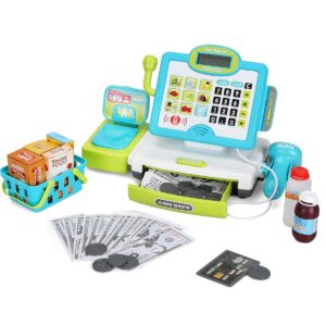 fs pretend play calculator cash register toy as preschool gift for kids, classic count toy with sound, microphone, scanner, pretend credit card, play food for boys & girls,45 pieces, ages 3 4 5 6 7