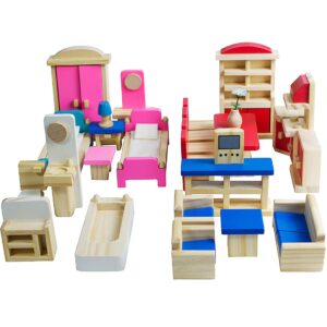 seanmi wooden dollhouse furniture - 5 sets, 1:12 scale doll house furnishings, 35 pieces of dollhouse accessories (living room, kitchen, dining room, bedroom, bathroom)