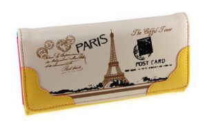 vintage style pu leather cute paris effiel tower cartoon trifold wallet cash coin long purse card holder for women & girls (yellow)