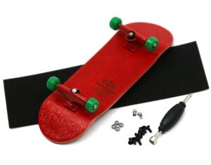 teak tuning prolific complete fingerboard with upgraded components, watermelon edition - pro board shape and size, bearing wheels, trucks, and locknuts - 32mm x 97mm handmade wooden board