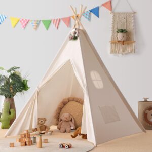 sumbababy teepee tent for kids with carry case, natural canvas teepee play tent, toys for girls/boys indoor & outdoor playing (white teepee tent)