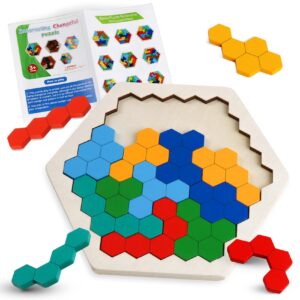 skrtuan wooden blocks puzzle for kid adults brain teaser hexagon puzzles games toy shape pattern block tangram geometry logic iq stem montessori educational gift for all ages boys girls challenge