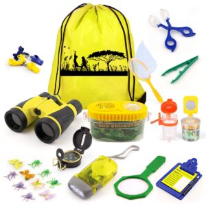 kaqinu kids explorer kit, 24 pcs outdoor adventure camping kit & bug catcher kit with drawstring bag, binoculars, compass, butterfly net, educational nature exploration toys gift for boys & girls