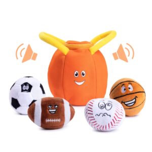 plush creations talking sports plush bag with 4 talking soft plush balls. sport set includes plush sports bag plush basketball plush baseball plush soccer ball and plush football