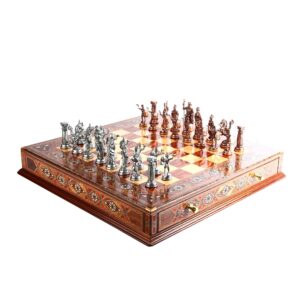 metal chess set for adult historical antique copper rome figures handmade pieces and natural solid wooden chess board with original pearl around board and storage inside king 4 inc