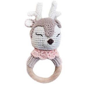 natural crochet teether toy rattle for baby forest friends amigurumi crochet bunny deer fox on natural wooden teething ring rattle (honey deer)