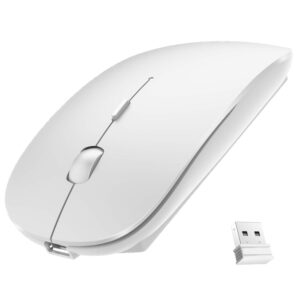 bluetooth wireless mouse, dual mode slim rechargeable wireless mouse silent cordless mouse with bluetooth 4.0 and 2.4g wireless, compatible with laptop, pc, windows mac android os tablet (white)