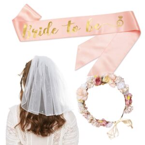 yulips bridal shower sash & veil & flower crown set - rose gold bride to be sash, flower crown, bachelorette party veil - bridal shower hen party wedding accessories party favors (rose gold)