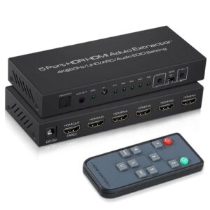 4k@60hz hdmi switch 5x1 with audio extractor, avedio links 5 port hdmi switcher with optical spdif + 3.5mm audio, 5 in 1 out hdmi audio selector switch box with remote support hdr10 arc 18gbps hdcp2.2