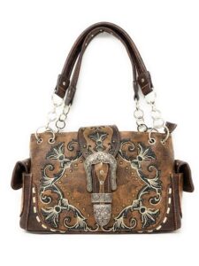 premium western rhinestone concealed carry buckle floral womens shoulder handbag purse in multi color (brown)