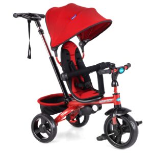 infans kids tricycle, 6 in 1 stroll trike with adjustable push handle, removable canopy, retractable foot plate, lockable pedal, detachable guardrail, suitable for 10 months to 5 years (red)