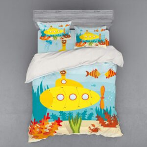 ambesonne yellow submarine bedding set, sea life theme with submarine fish and a crab illustration print, 4 piece duvet cover set with shams and fitted sheet, queen size, yellow pale blue