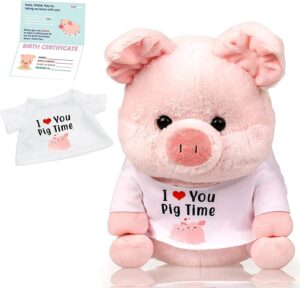 infloatables pig stuffed animal, 12 inches pig plush, pink stuffed pig, cute pig toy for girls & boys with i love you shirt, stuffed pig with customizable birth certificate, cuddly piggy plush