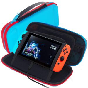 gomda switch carry case compatible - with 20 games cartridges and support bracket- protective hard shell travel carrying case pouch for nintendo switch console & accessories,blue red